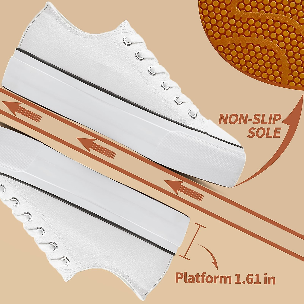 Rominz Women's Platform Sneakers Fashion PU Leather Low Top Lace-Up Platforms Shoes for Women Lightweight Comfortable Classic Casual Slip On Shoes Walking Shoes(White, US8)