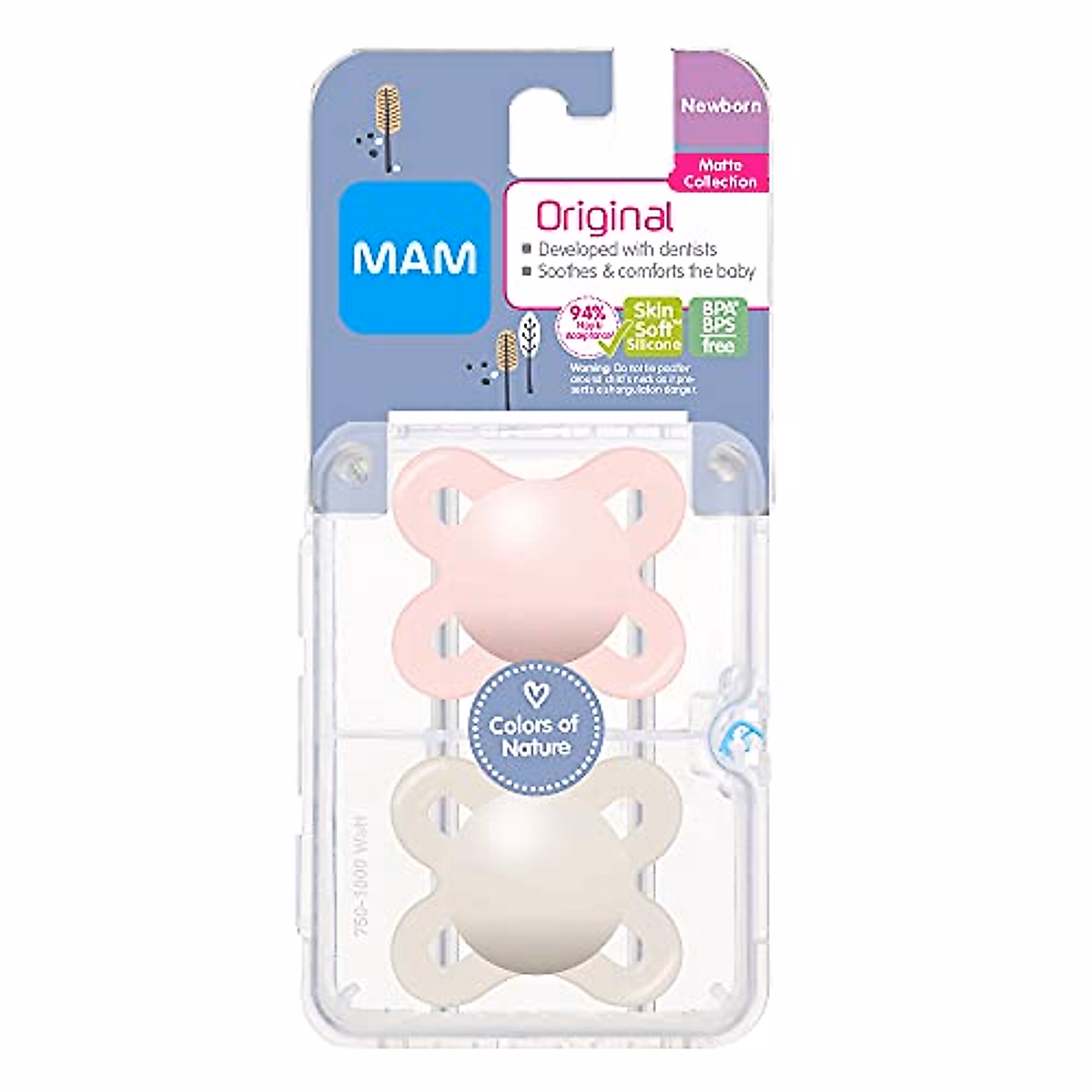 MAM Original Start Matte Newborn Baby Pacifier, Best Pacifier for Breastfed Babies, Sterilizer Case, Girl, 0-3 Months (Pack of 2)