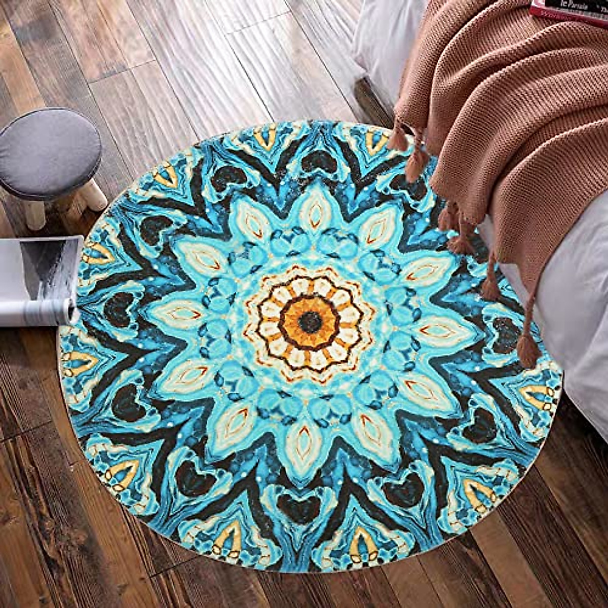 GEVES Trippy Mandala Round Area Rug Turquoise Floral Rugs for Bedroom Kids' Room Living Room Bathroom 3ft Carpet Accent Throw Rugs Indoor Use Non-Slip Easy to Clean