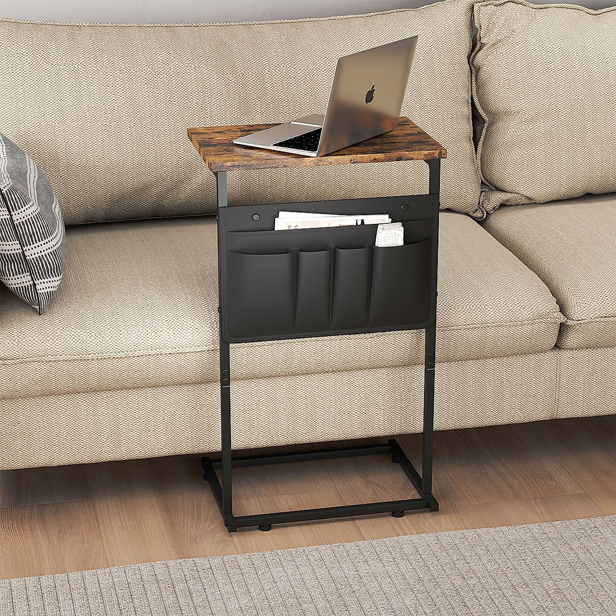 ZERDER C Shaped End Table, Small Side Table with Storage Bag for Couch, Sofa Table with Metal Frame for Living Room and Bedroom Bedside, Rustic Brown ZER-007Br