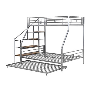Bellemave Twin Over Full Metal Bunk Beds with Trundle and Storage Staircase,Heavy-Duty Metal Bunk Bed Frame for Kids,Teens,Adults，Space-Saving,Silver