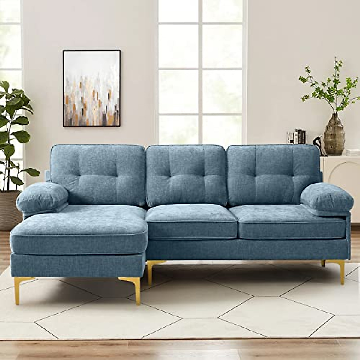 EASELAND 82" L-Shape Sofa with Reversible Chaise Lounge, Convertible Sectional Sofa Couch, Chenille Modern Sofa Couch for Living Room, Apartment and Office, Removable Cover (Light Blue)