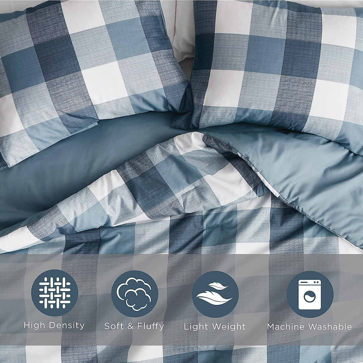 Hyde Lane Plaid Twin Comforter Set for Teen, Farmhouse Comforter Twin Size Bed, Blue and White Comforter, Grid Buffalo Lightweight 3 Pieces Bed Sets Includes 1 Comforter, 1 Shams (66 x 90 Inch)