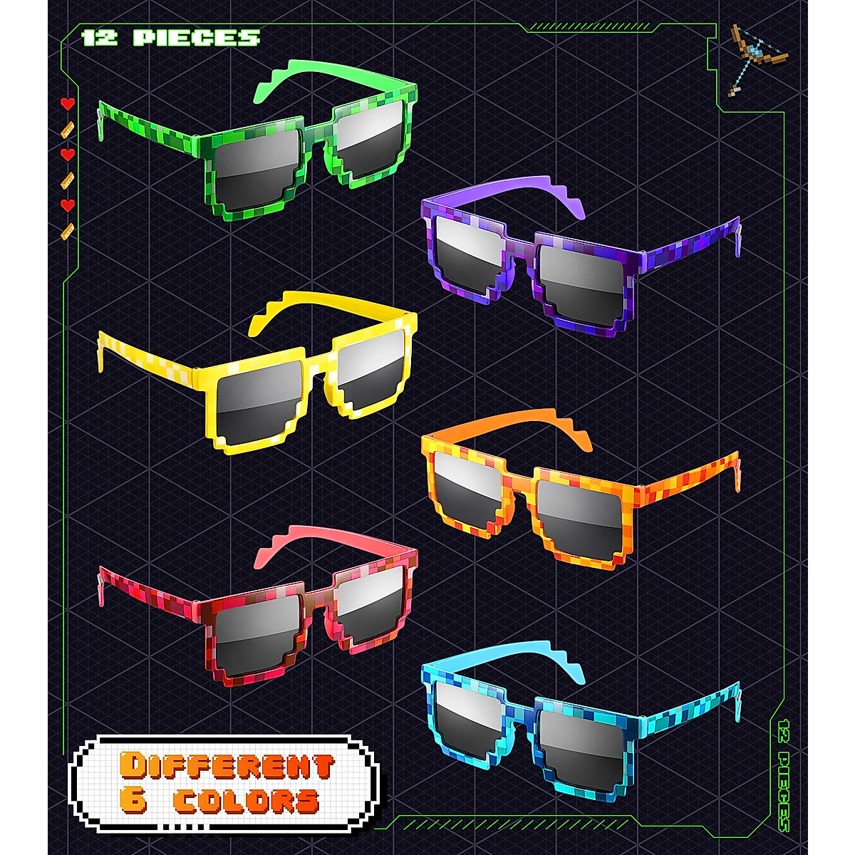 Flutesan Pixel Sunglasses Miner Party Favors Pixel Party Favors Glasses for Kids Adults Birthday Party Pixelated Game Party Supplies(12 Pair)