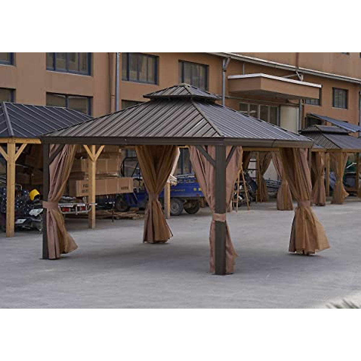 DHPM 12 x 12 FT Outdoor Patic Canopy Gazebo, Roof Iron Gazebo with Steel Canopy, Outdoor Waterproof Patio Gazebo with Curtains and Netting for Gardens, Patio, Party Canopy