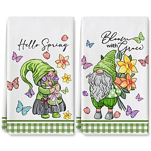 AnyDesign Green Buffalo Plaid Kitchen Towels Hello Spring Watercolor Gnome Butterfly Flowers Dishcloth Soft Hand Drying Tea Towel for Kitchen Cooking Baking Home Decorations Set of 2, 18 x 28 Inch