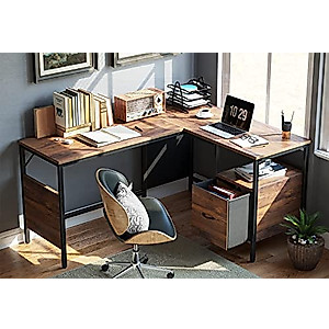 CubiCubi L Shaped Desk with Shelves, 59.1 Inch Corner Computer Desk, Home Office Gaming Writing Workstation with Large Non-Woven Drawer, Deep Brown