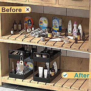 Ronlap 2 Pack Under Sink Organizers and Storage, 2 Tier Bathroom Organizer Under Sink with Handle Hanging Cup Hooks Dividers, Kitchen Organization and Storage Under Sink Cabinet Counter Shelf, Black