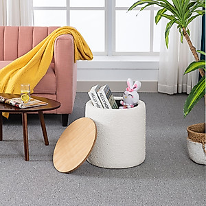 ONEVOG Beige Storage Ottoman with Wooden Lid, Tufted Boucle Fabric, Round Side Table Pouf, Small Vanity Seat Stool, Storage Footstool Chair for Living Room, Bedroom