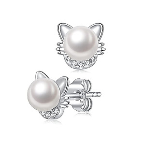 HengYi Cat earrings freshwater pearl earrings sterling silver earrings ladies gifts, white, 0.9cm*0.8cm