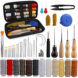 TLKKUE Leather Upholstery Repair Sewing Kit, Leather Crafting Tools and Supplies Leather Working Kit with Waxed Thread Heavy Duty Sewing Needles Awls Thimble for Shoes Sofa Carpet Repair and Sewing