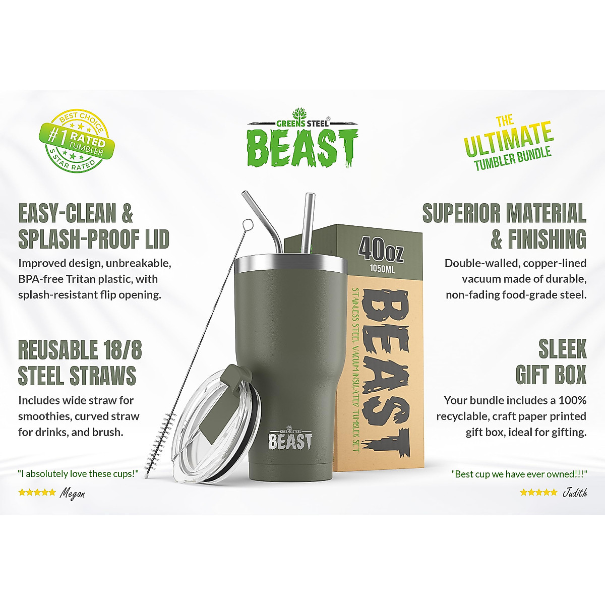 Beast 40 oz Tumbler Stainless Steel Vacuum Insulated Coffee Ice Cup Double Wall Travel Flask (Army Green)