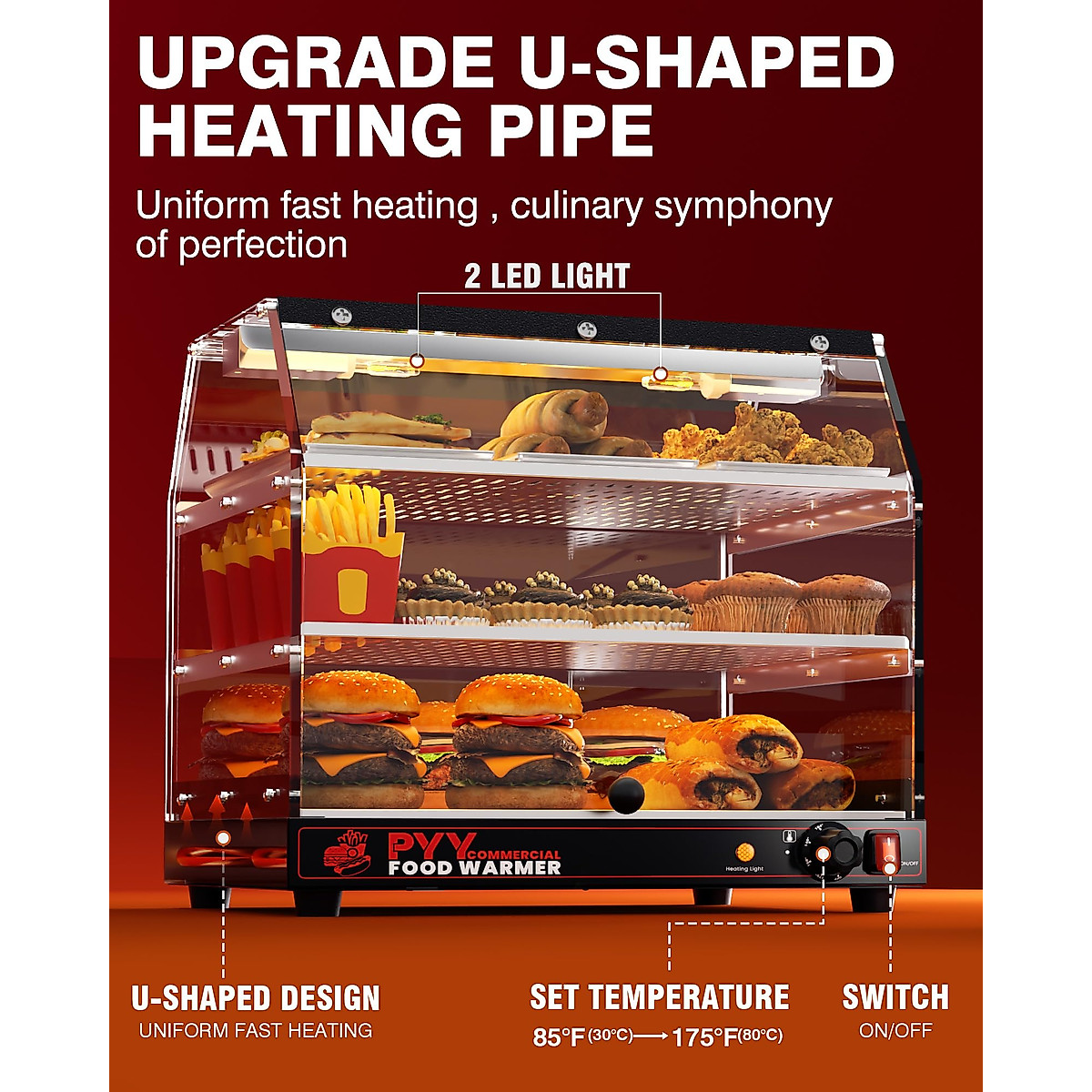 PYY Commercial Food Warmer Display - Countertop Hot Box Warming Cabinet for Restaurant Party Buffet, 3-Tier Electric Heating Case with Dual Insulated Door Suit for Pizza Hamburger, Black