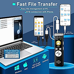 64GB Digital Voice Recorder with 3500Hours Recording 150H Battery Time, Voice Activated Recorder with Playback Sound Tape Recorder for Meeting Lecture, Noise Reduction,3072KBPS,OTG Phone Connection
