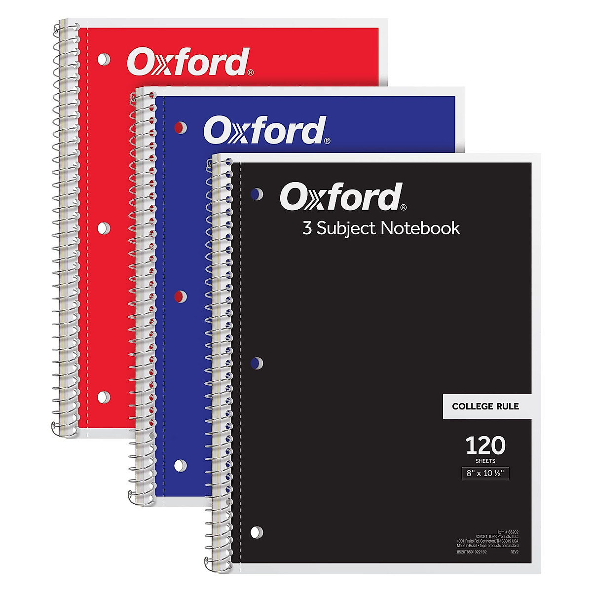 Oxford Spiral Notebook 3 Pack, 3 Subject Journal, 3-Hole Punch, College Ruled Paper, 2 Dividers, 8 x 10-1/2 Inches, Black, Red, Blue, 120 Sheets (65202)