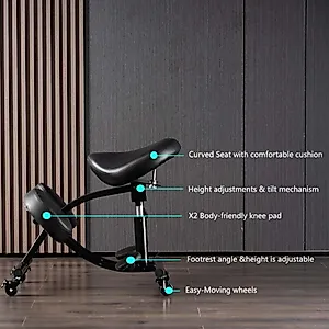 Kneeling Chair with Wheels, Ergonomic Balance Chair for Home and Office，Adjustable Saddle Chair to Improve Your Posture,Comfortable Knees and Footrest,Black,SSS-1459-M