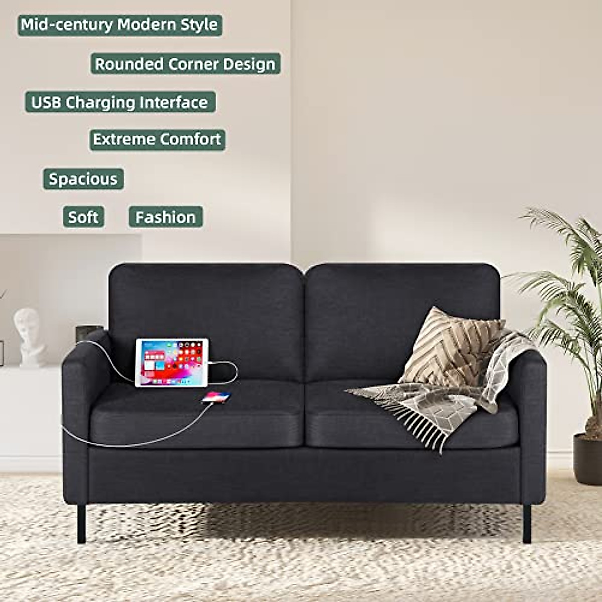 STHOUYN 56" W Fabric Loveseat Sofa with 2 USB, Small Couches for Living Room, Bedroom, Office, Easy Assembly & Comfy Cushion, Dark Grey