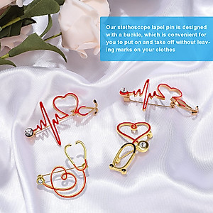 Henoyso 4 Pieces Stethoscope Brooch Pins Electrocardiogram Stethoscope Brooch Heart Shaped Pin Stethoscope Lapel Pin for Clothing Bags Women Men Decorations