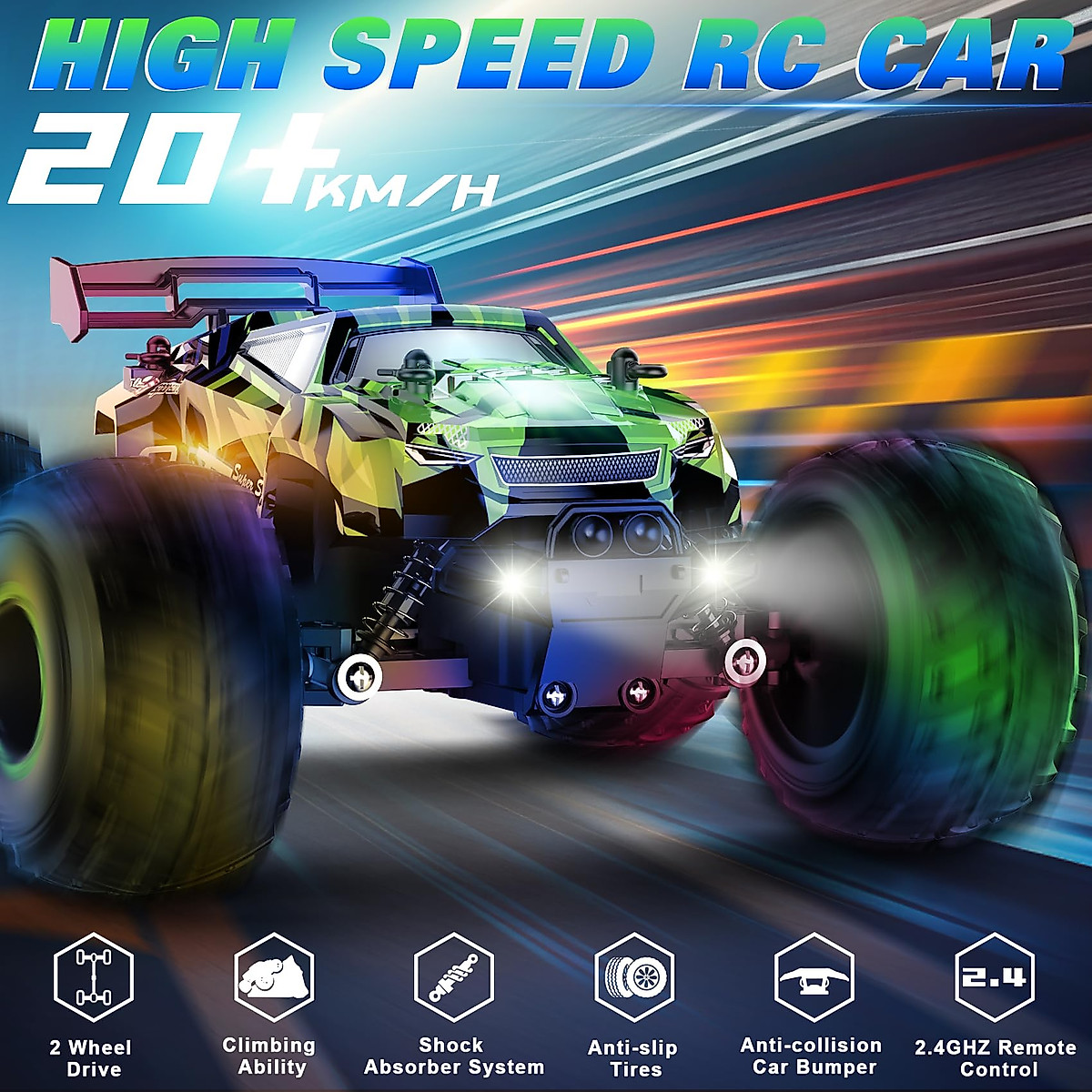 PHYWESS Remote Control Car, RC Cars Kids Toys for Boys 5-7, 2.4Ghz RC Truck Toys for Girls, Off Road Monster Truck Toys with Headlights & Car Body Lights, 20 KM/H RC Crawler Toy Cars for Kids