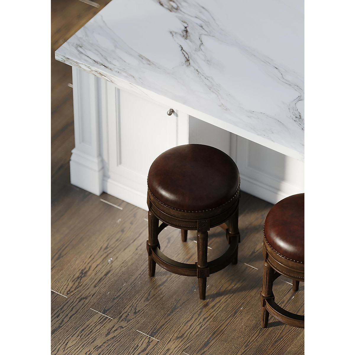 Maven Lane Pullman 26 Inch Tall Counter Height Upholstered Backless Barstool in Dark Walnut Finish with Vintage Brown Vegan Leather Cushion Seat