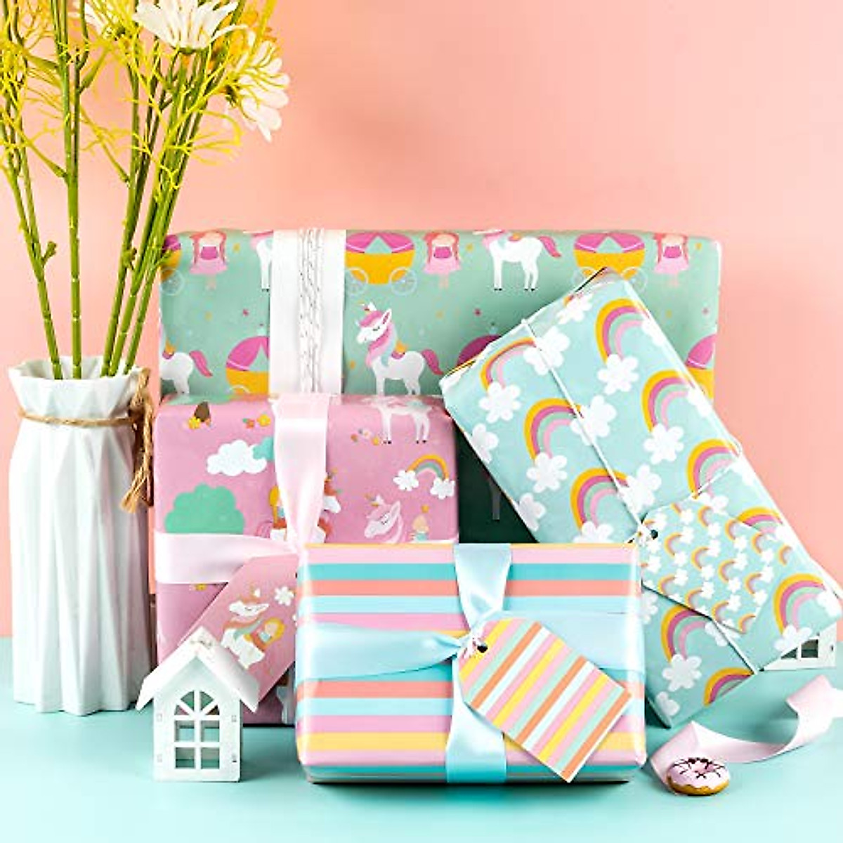 MAYPLUSS Birthday Wrapping Paper Jumbo Sheet - 8 Folded Flat - Pink Unicorn - 27.5 inch X 39.4 inch Per Sheet