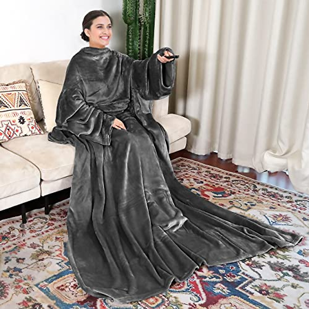 ONME Wearable Fleece Blanket with Sleeves for Adult, Cozy Snuggy Blankets with Front Pocket, Soft Blanket Robe Gift for Women Men (Dark Grey)