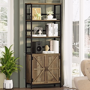 Aubtik Farmhouse Bookcase with Doors, Rustic Tall Book Shelf with Cabinet, Industrial Wood Metal Bookshelf with Storage for Home Office, Living Room, Classroom (Rustic Oak)