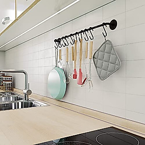 Wallniture 24" Gourmet Kitchen Rail for with 10 S Hooks for Hanging Utensils, Pot Pan Lid Rack Storage Organizer Set, Steel, Black