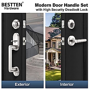 BESTTEN Heavy Duty Front Door Handle Set, Modern Handleset with Single Cylinder Keyed Entry Deadbolt Lock & Door Lever, Reversible for Exterior Doors, Satin Nickel