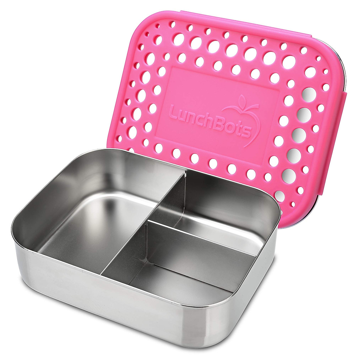 LunchBots Medium Trio II Snack Container - Divided Stainless Steel Food Container - Three Sections for Snacks On the Go - Eco-Friendly, Dishwasher Safe, BPA-Free - Stainless Lid - Pink Dots