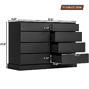 Hasuit Black Dresser for Bedroom, Long Dresser with 8 Drawers, 51.5''W Wooden Dresser Chest of 8 Drawers, Large Capacity Clothing Storage Cabinet, Wide Dresser for Bedroom Living Room Entryway