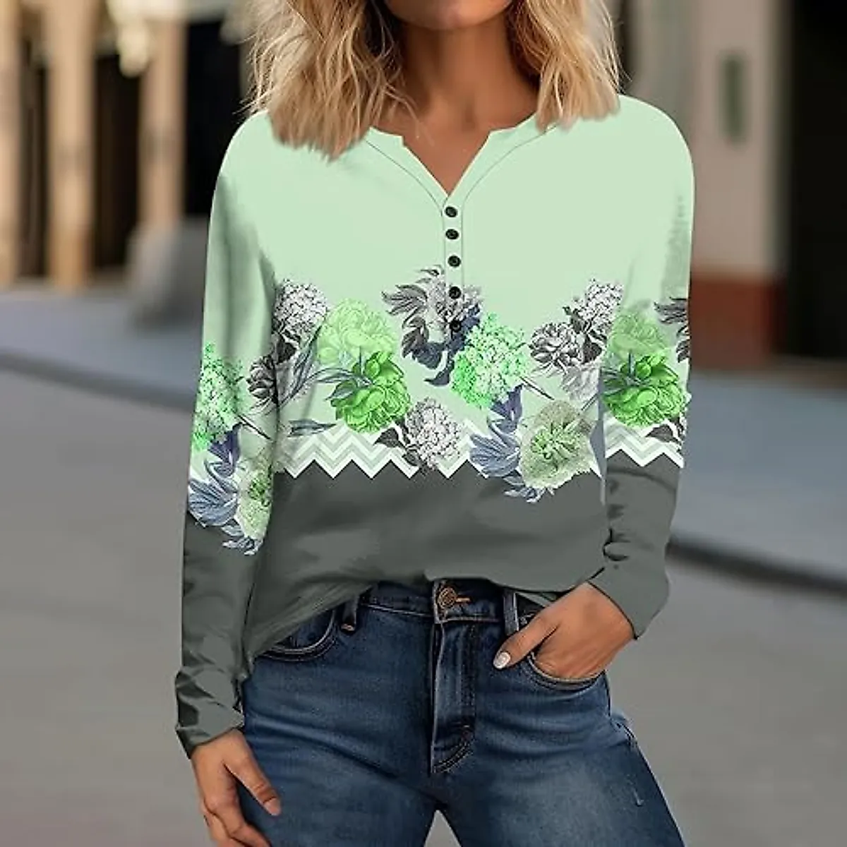 CzctKHun Long Sleeve Tops Long Sleeve Shirts for Women Womens Long Sleeve Shirts Womens Long Sleeve Tops V-Neck Pleated Pullovers Button Up Printing T-Shirt Comfy Tees Lightweight Sweatshirt