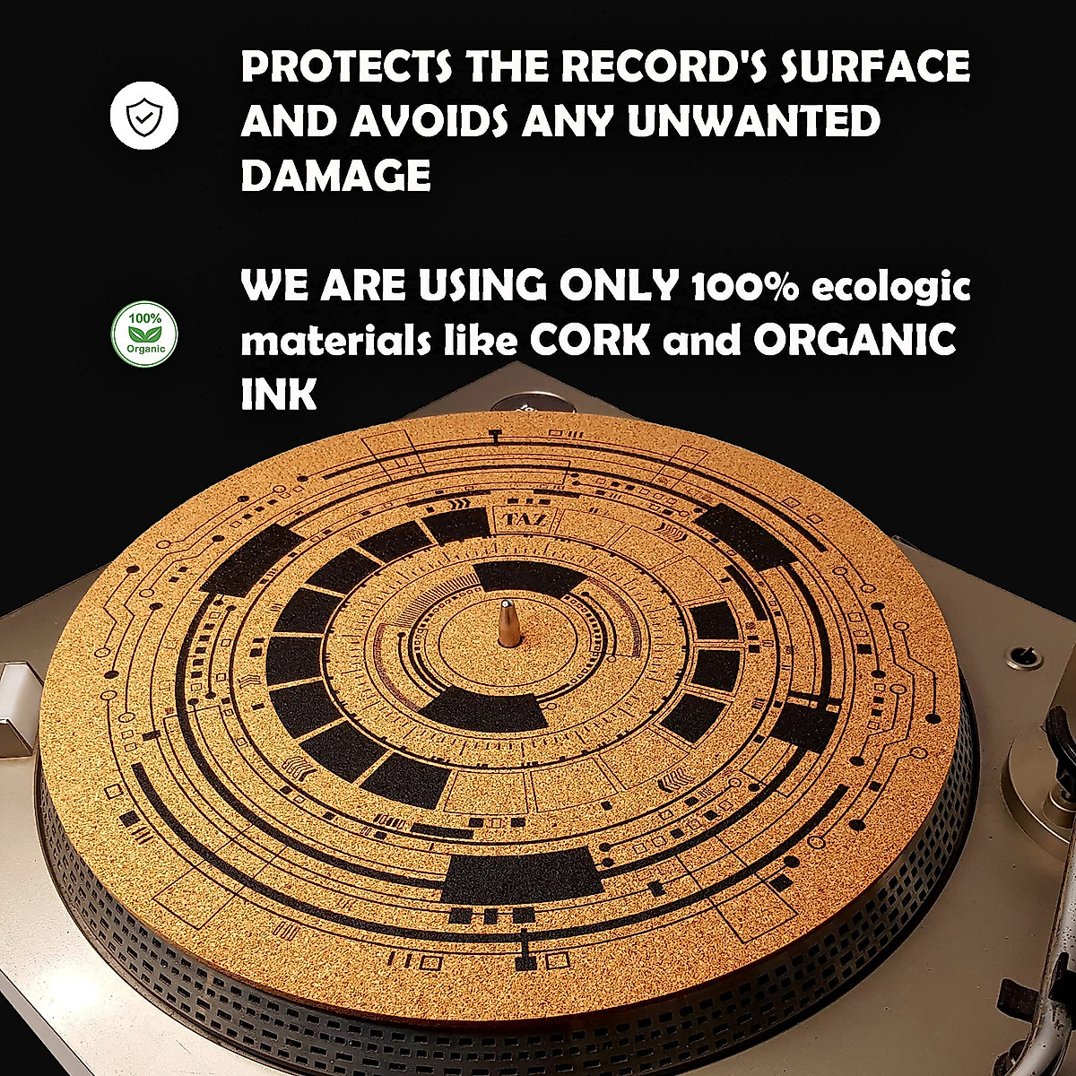 TazStudio Premium slipmat - Cork Turntable Mat [4mm Thick] for Better Sound Support on Vinyl LP Record Player - Cork mat Original Geometric Design Psychedelic Geometric Analog Art-m9