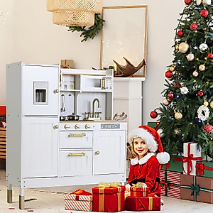 Clevich Play Kitchen, Wooden Kids Kitchen Playset, Pretend Chef Cooking Toy Set w/Realistic Lights & Sounds, Ice Maker, Telephone, Kitchen Accessories, Height Adjustable for Boys Girls Age 3+