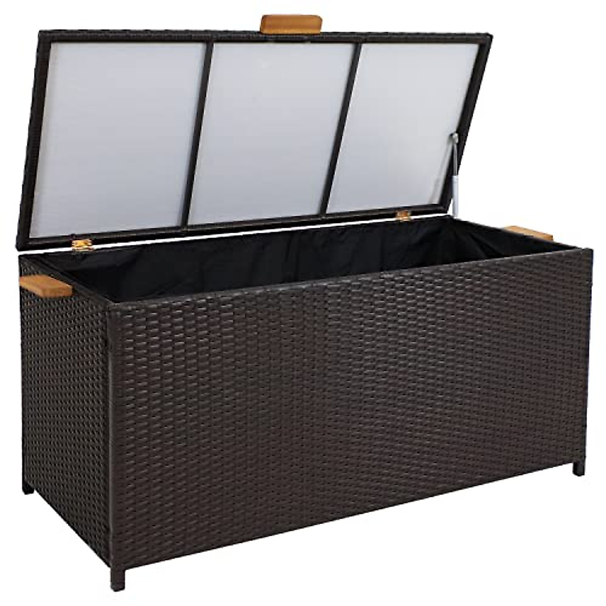 Sunnydaze Faux Wicker Outdoor Deck Storage Box with Acacia Wood Handles - 75-Gallon Patio Cushion Storage Bin with Hinged Lid - Organizer for Garage, Lawn, Pool, Porch and Garden - Brown
