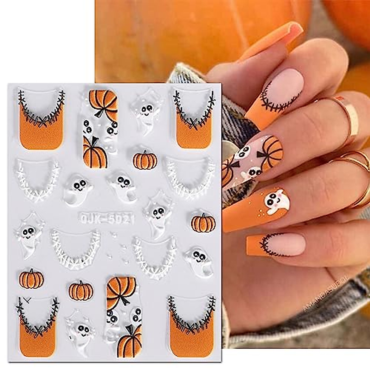 JMEOWIO 3D Embossed Halloween Nail Art Stickers Decals Self-Adhesive Pegatinas Uñas Pink 5D Skull Cute Ghost Spider Web Spook Nail Supplies Nail Art Design Decoration Accessories 4 Sheets