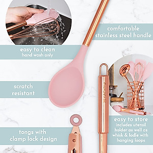 Copper and Pink Kitchen Utensils Set - 17-Piece Silicone Cooking Tools with Copper Utensil Holder and Pink Measuring Cups and Spoons for Baking and Everyday Cooking - Stylish Kitchen Accessories