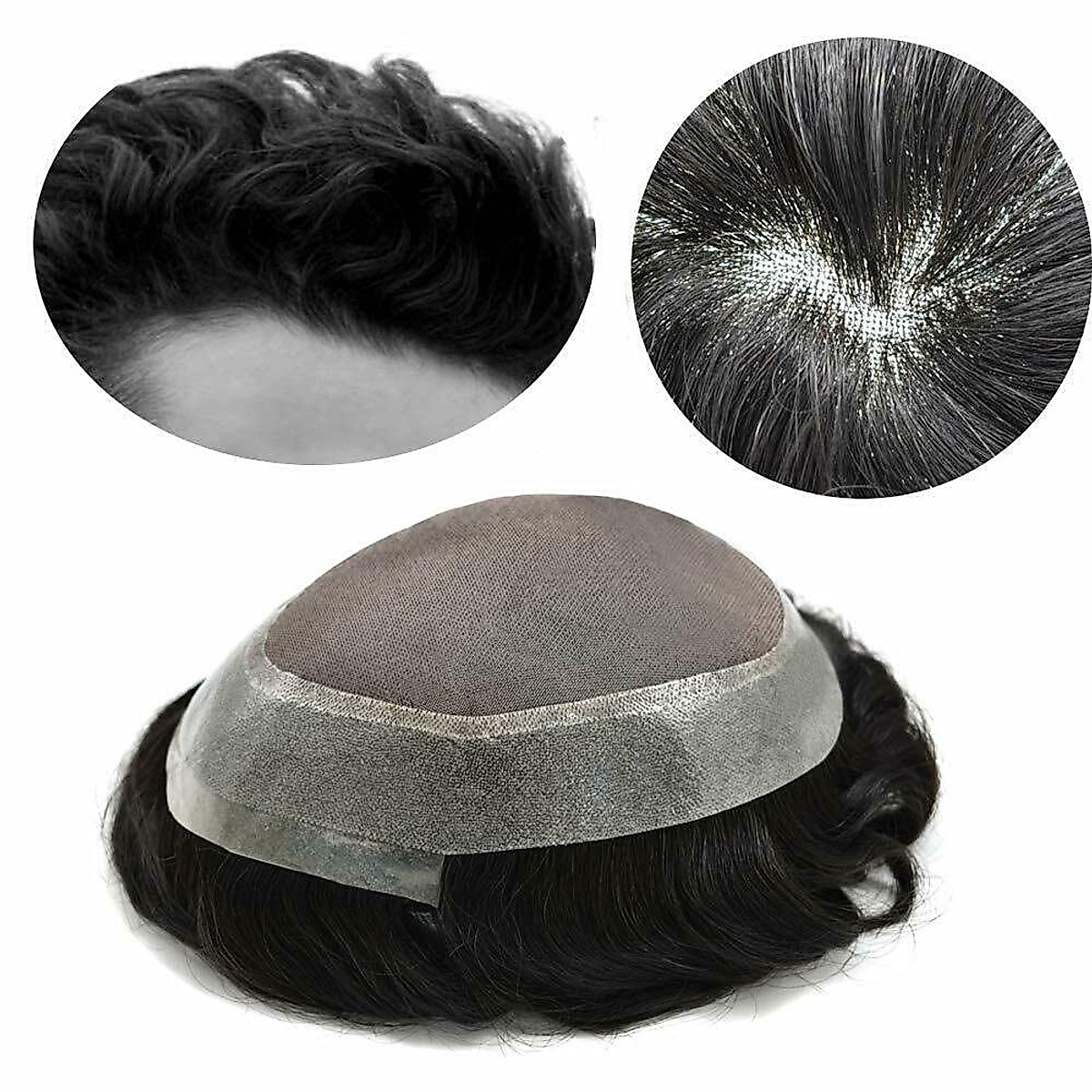 Mens HairPiece Toupee Wig Human Hair Replacement Systems #1B Natural Black Durable Men's Toupee Fine Mono Monofilament Wig Clear Poly Skin Around Hair Unit for Man (6"X8", #1B OFF BLACK/NATURAL BALCK-120% LIGHT TO MEDIUM DENSITY)