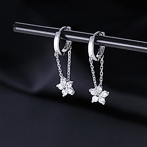 Reffeer 925 Sterling Silver Flower Chain Drop Earrings Hoop for Women Teens Girls Huggie Hoop Dangle Earrings Chain (A-Silver)