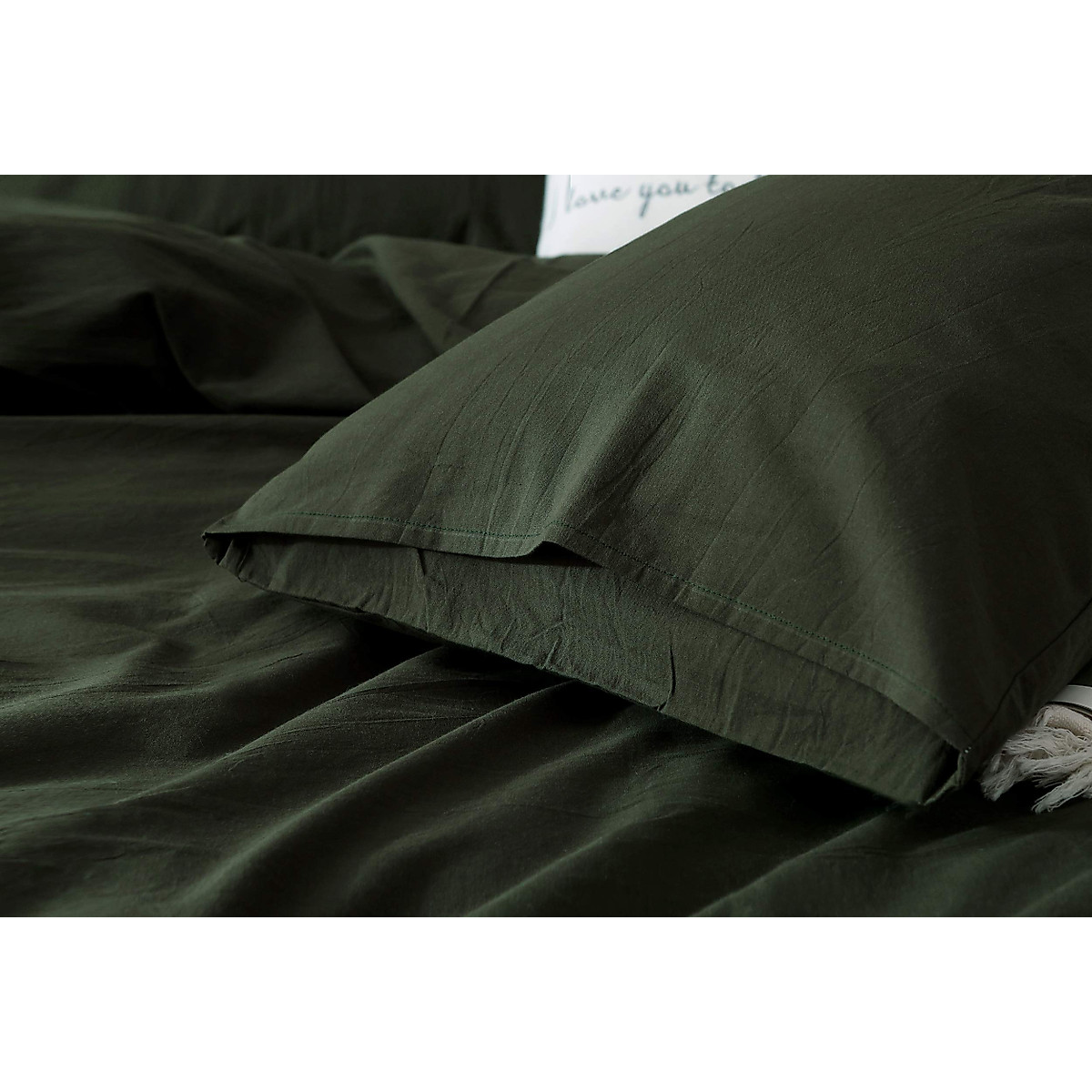 F.Y.Dreams 3Pcs Queen Size 100% Washed Cotton Duvet Cover Set,Fade-Resistant Linen Like,1 Duvet Cover 90x90 Inches with Zipper and 2 Pillowcases(NOT Suitable for Weighted Blankets),Forrest Green