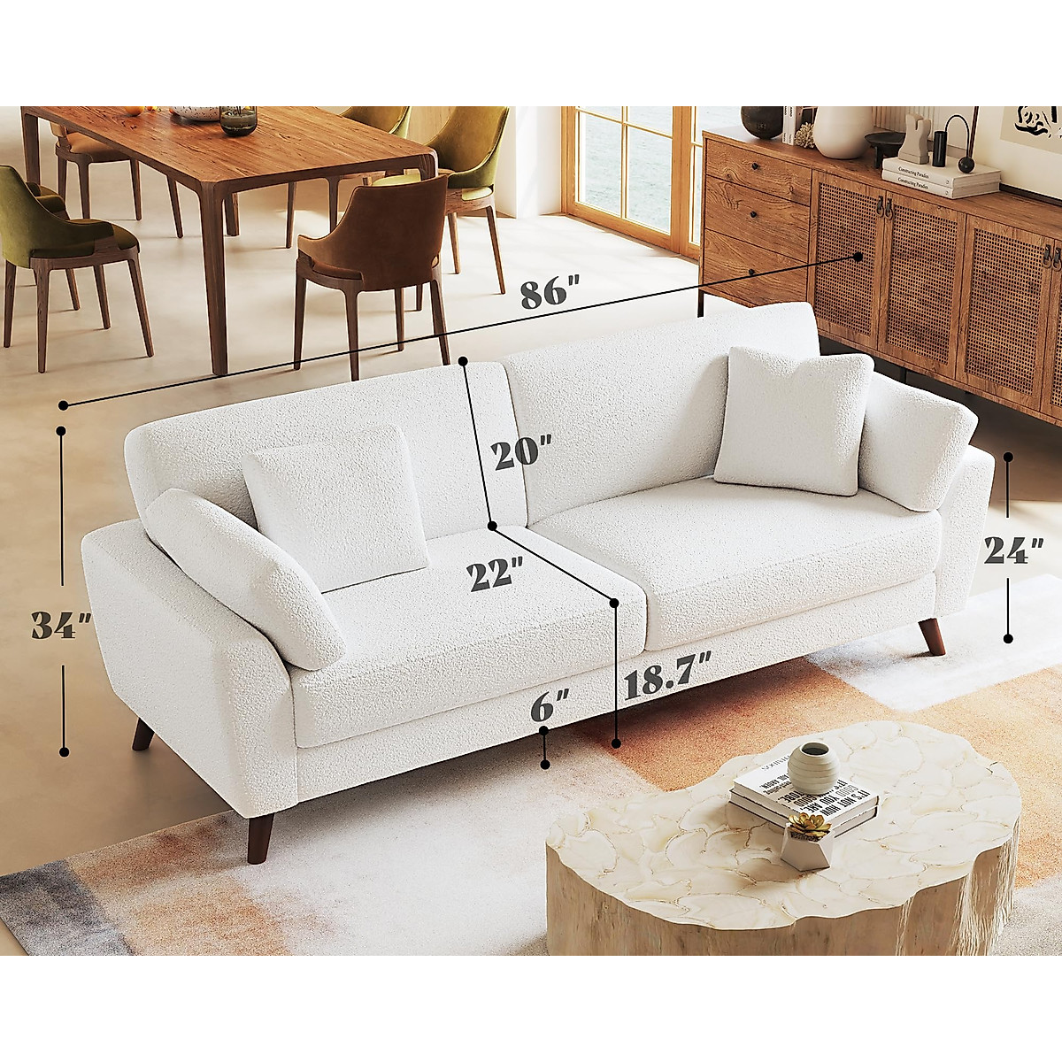 AMERLIFE Sofa, 86 Inch Modern Couch with 4 Throw Pillows, 3 Seater Couch for Living Room, Offwhite Boucle Upholstered Sofa