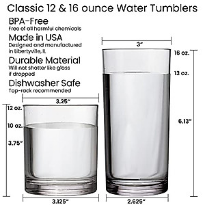 US Acrylic Classic Clear Plastic Reusable Drinking Glasses (Set of 8) 12oz Rocks & 16oz Water Cups | BPA-Free Tumblers, Made in USA | Top-Rack Dishwasher Safe