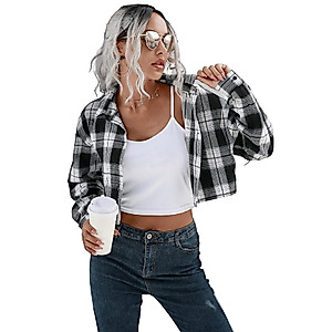 SweatyRocks Women's Cute Color Block Long Sleeve Crop Tops Plaid Button Down Blouse White Black Plaid L