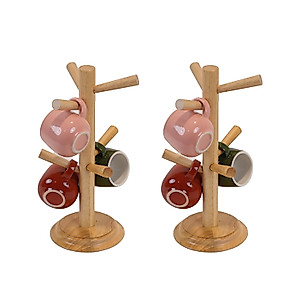 Nabytok Pack 2 Mug Tree 6 Hooks Rubberwood 13.5"x7"x7", Strudy & Thick Base, Large & Small Cup Holder Tree Wooden for Jewelry, Kitchen Tools, Pantry, Ornaments, Countertop, Table Organizer (Natural)