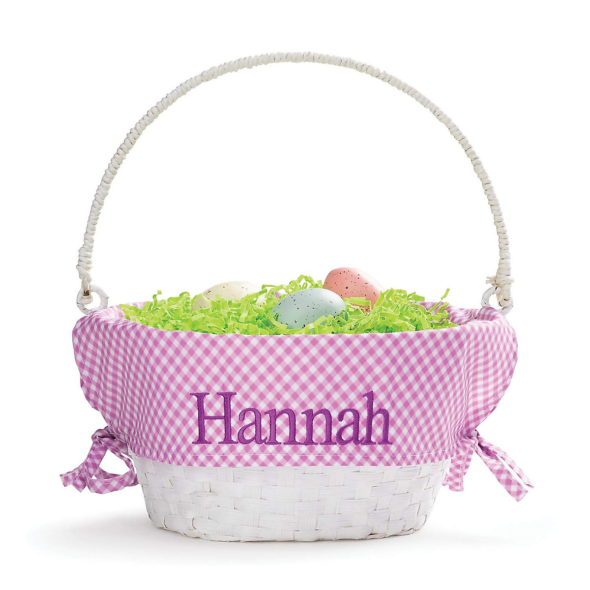 Personalized Easter Egg Basket with Handle and Custom Name | Purple Gingham Easter Basket Liners | White Basket | Woven Easter Baskets for Kids and Adults | Customized Easter Basket | Gift for Easter