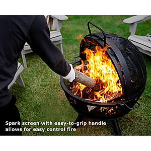 Fissfire 35 Inch Fire Pit Sphere, Outdoor Wood Burning Flaming Ball FirePit with Pivot Spark Screen, Backyard Patio Camping Beach Bonfire Pit