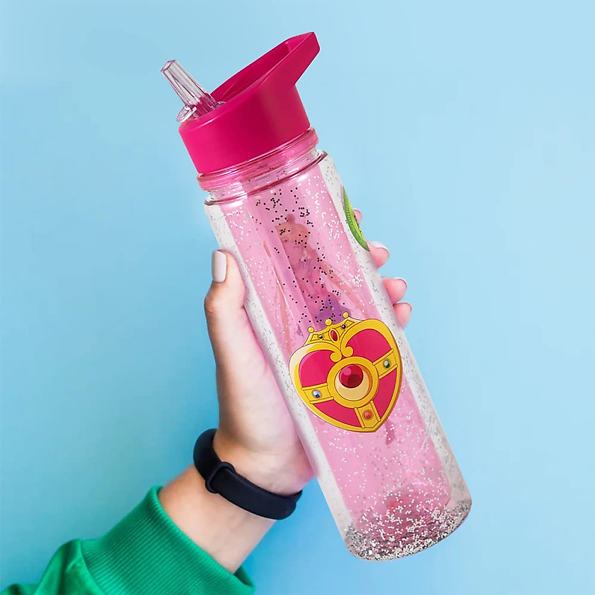JUST FUNKY Sailor Moon Crystal Double-Walled Water Bottle | 18 oz Plastic Travel Beverage Container | Includes Glitter Wall | Home Deco | Anime Water Bottle | Officially Licensed