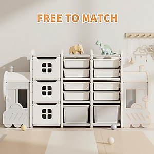 Kids Toy Storage Organizer 10 Removable Toy Bins 3 Cabinets, Multi-Purpose Toy Organizers and Storage, Enclosed Cabinets, Pull-Out Drawers, Kids Toy Storage for Playroom, Nursery, Bedroom (3-Layers)