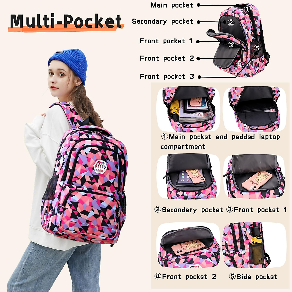 Bansusu Geometric Print Kids Backpack for Girls Boys School Bag Bookbags