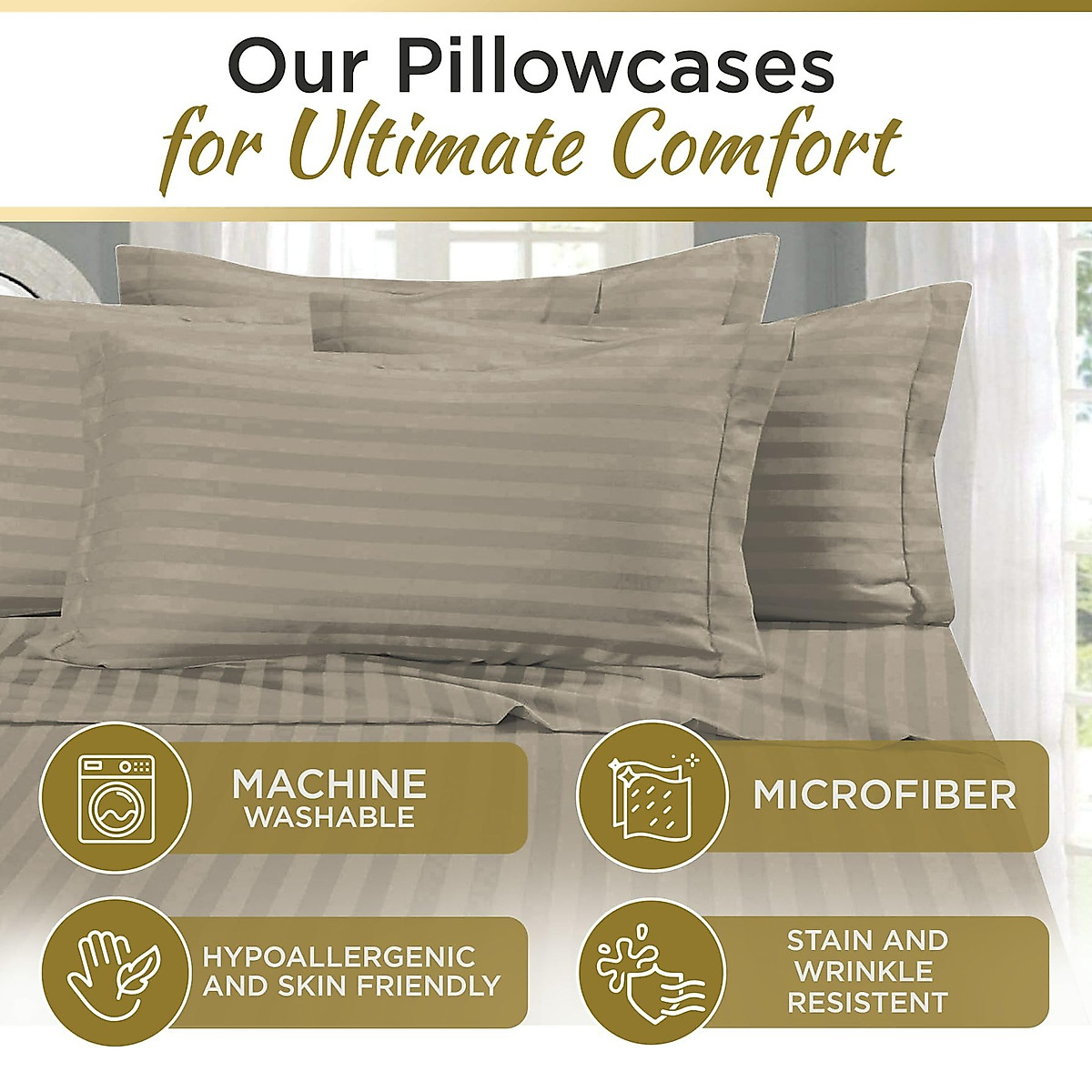 Twin XL 100% Microfiber Double Brushed Sheet Set - Extra-Soft & Wrinkle-Free - 15" Deep Pockets, 39" x 80" - Ideal for Dorms, Hospitals & Split King Beds - 3 PC Set (Twin XL, Khaki Stripe)